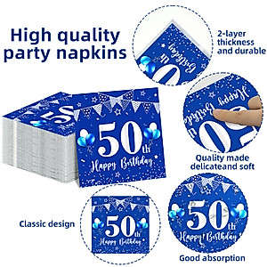 100 Pieces 50th Birthday Party Plates Napkins Blue and Silver Birthday Tableware Blue and Silver 50th Happy Birthday Dinnerware Dinner Dessert Plates Napkins for Blue Birthday Party Supplies Serve 25