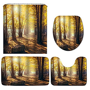 Fashion_Man 4PCS/Set Yellow Forest Gingko Tree Shower Curtain Polyester Waterproof Bath Curtain Bathroom Rugs Bath Mat Set Toilet Lid Cover Natural Landscape Bathroom Decor, 72"x72", Gingko Tree