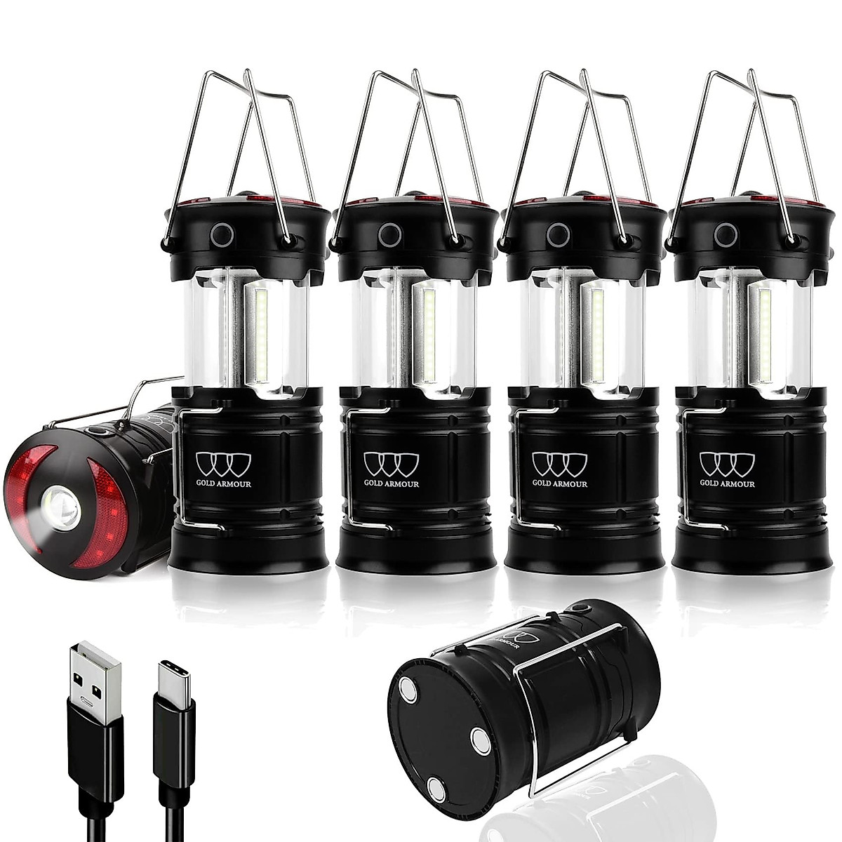 Gold Armour Camping Lantern - LED Lantern with 4 Mode, Rechargeable Lights with Magnetic Base for Emergency Hurricane Camping Essentials Gear Accessories (Set of 4)