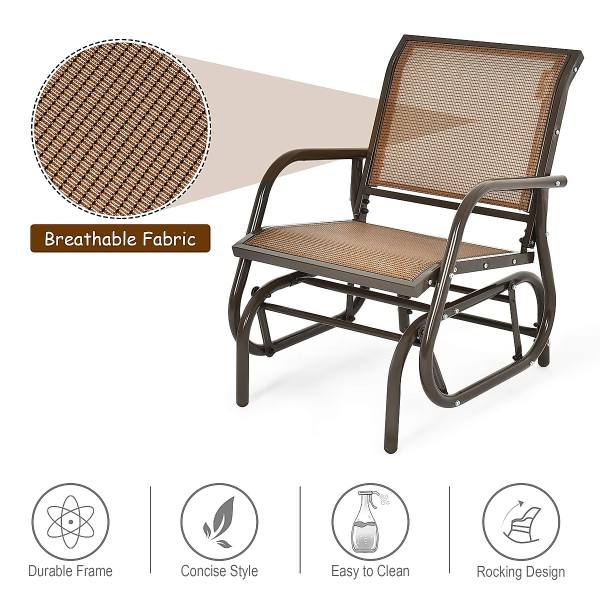Giantex Swing Glider Chair W/Study Metal Frame Comfortable Patio Chair Love-Seat for Garden, Porch, Backyard, Poolside, Lawn Outdoor Rocking Chair (1, Brown)
