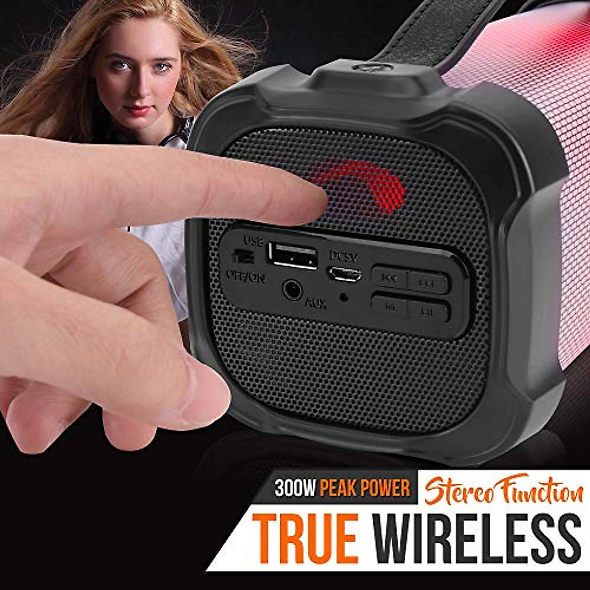 Pyle Wireless Portable Bluetooth Boombox Speaker - 300 Watt Rechargeable Boom Box Speaker Portable Music Barrel Loud Stereo System with AUX Input, MP3/USB Port, Fm Radio, 2.5" Tweeter - Pyle PBMSPRG4
