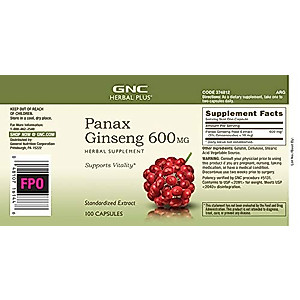 GNC Herbal Plus Panax Ginseng 600mg, 100 Capsules, Supports Vitality
