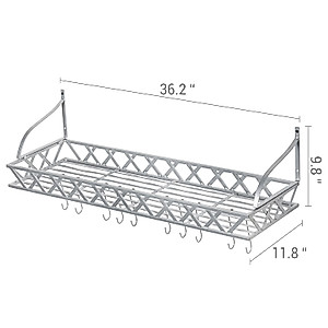 MyGift Wall Mounted Black Metal Kitchen Pots and Pans Storage Rack with Display Shelf Includes 12 Removable S Hooks