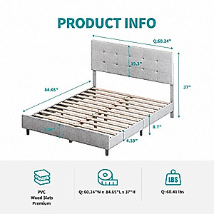 CECER Queen Size Bed Frame with RGB LED Headboard, Platform Bed Frame with Music Sync Compatible with Alexa or Apps, Upholstered Bedframes Adjustable Lighting Effects/No Box Spring Needed, Light Grey