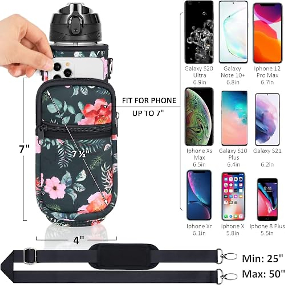 Fimibuke 32 oz Water Bottle with Sleeve - BPA Free Leakproof Sport Large 1L Plastic Motivational Water Bottle with Straw Strap Insulated Neoprene Holder Carrier Bag for Women Men(A9.Retro Rose)