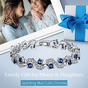 Feraco Blue Tennis Cubic Zirconia Bracelet for Mom Daughter Womens Classic 14K Plated Sapphire Bangle Crystal Valentine's Day Jewelry Gifts