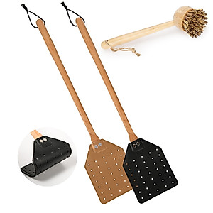 Fly Swatter Sets, 2pcs Leather Flyswatter+1pc Brush, Manual Heavy Duty Fly Swatter with Long Wooden Handle Hollow Out Wasp Swatter for Home Indoor Outdoor (Brown+Black)
