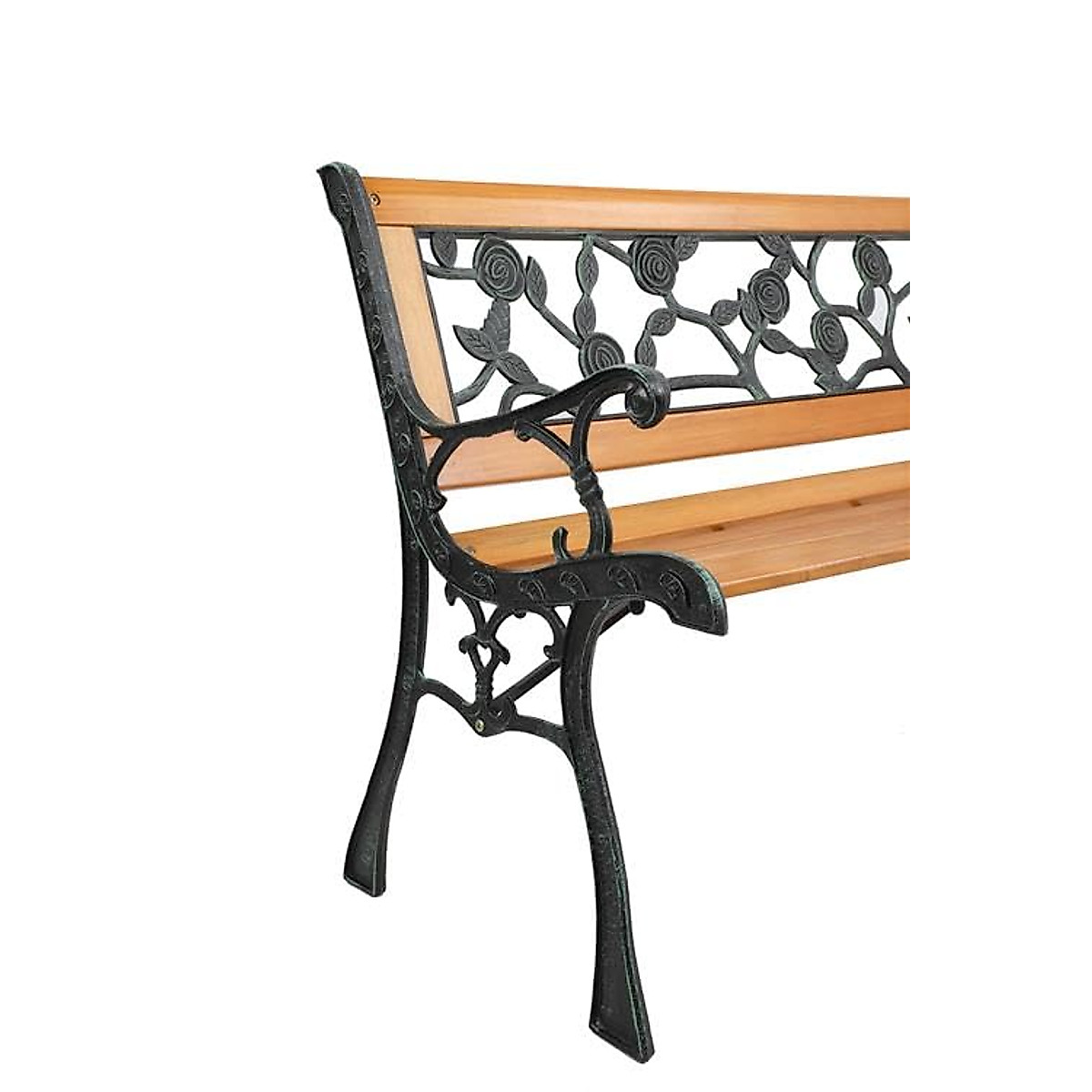 GODECOR 49" Outdoor Garden Bench, Patio Furniture Outdoor Chair with Hardwood Slats and Cast Iron Frame, Weather Proof 2-Person Outdoor Loveseat with Rose Style Back for Park, Porch, Pool, Backyard