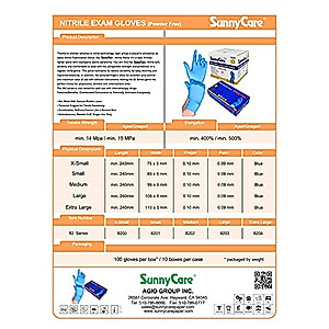 SunnyCare 1000 8203 Blue Nitrile Medical Exam Gloves Powder Free Chemo-Rated (Non Vinyl Latex) 100/box;10boxes/case Size: Large