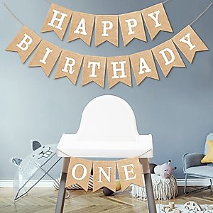 1st Birthday Party Decoration First Birthday Banner Rustic Happy Birthday Burlap Banner One High Chair Banner One Sign for First Birthday Baby Girl Boy Birthday Nursery Supplies, White Alphabet