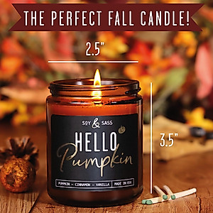 Pumpkin Spice Candle, Fall Candles - 'Hello Pumpkin' Pumpkin Candle, Autumn Scented Soy Candles for Home, Fall Scented Candles for Home, Fall Home Décor, 9oz Reusable Jar, 50Hr Burn, Made in USA