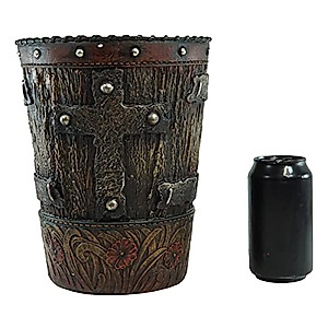 Ebros Gift Rustic Western Old World Country Blue Cross with Concho and Nailheads in Faux Distressed Wood Finish with Floral Patterns (Dry Waste Basket Trash Bin)