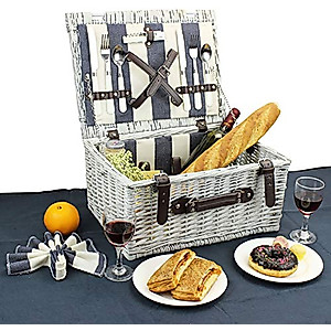 Picnic Basket for 2 Persons with Waterproof Blanket, Durable Wicker Picnic Hamper Set, Willow Picnic Basket Accessories Plates and Utensils, Perfect Wedding, Birthday Gift (Grey Washed)