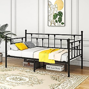 HAHRIR Metal Daybed Frame and Trundle Set Premium Steel Slat Support Daybed and Roll Sofa Bed (Black, Twin)