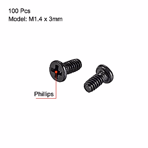 uxcell M1.4x3mm Phillips Screw Fastener Black 2.5mm Dia Screw Head for Laptop PC TV Fan Switch 100pcs
