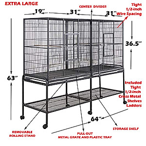 Double Extra Large 3-Tiers Small Animals Critters Wrought Iron Cage Tight 1/2-inch Bar Spacing Center Divider Removable Rolling Stand (63" Lx19 Dx64 H, White Vein)