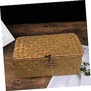 Straw Storage Basket with Lid Rattan Woven Desktop Organizer for Clothes Sundries and Home Decor