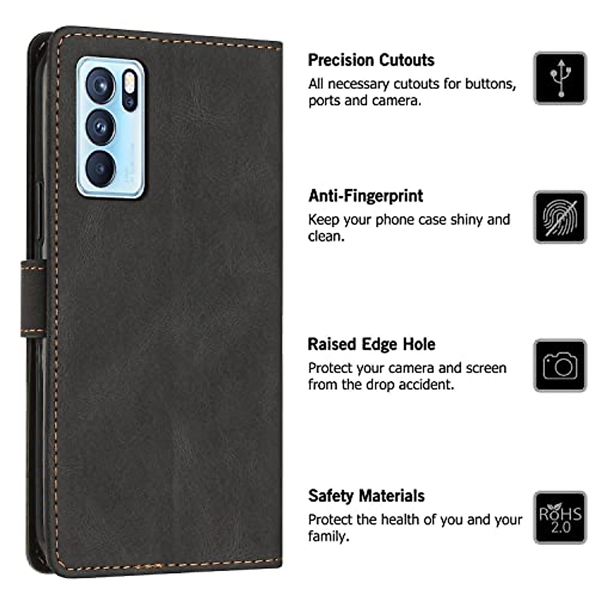 Protective Phone Cover Case Compatible with Oppo Reno 6Pro 5G Case, Reno 6Pro 5G Wallet Case Slim PU Leather Phone Case Flip Folio Leather Case Card Holders Shockproof Protective Case with Wrist Strap