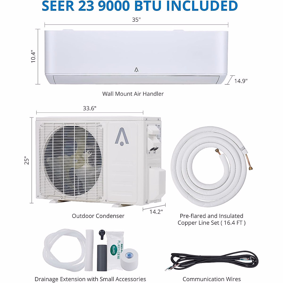 9000 BTU Mini Split Air Conditioner, 23 SEER2 Mini Split AC/Heating System, Inverter Ductless Air Conditioner w/Alexa,Pre-Charged & 16.4ft Installation Kits, 115V AC Unit Cools Room up to 450 Sq. Ft