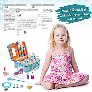 KIDCHEER Kids Makeup Kit for Girls Pretend Play Make up Gift Princess Toys for Kids with Storage Bag,Blue