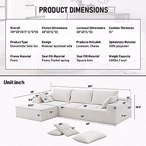 DEINPPA Modern Minimalist Style Modular Sofa Couch with Pillows, Deep Sectional Sofa Furniture Set, 4-Seater Chenille L-Shaped Sofa for Living Room Reception Room