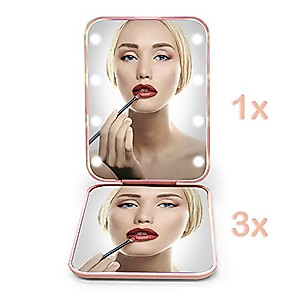 Kintion Pocket Mirror, 1X/3X Magnification LED Compact Travel Makeup Mirror, Compact Mirror with Light, Purse Mirror, 2-Sided, Portable, Folding, Handheld, Small Lighted Compact Mirror for Gift, Pink