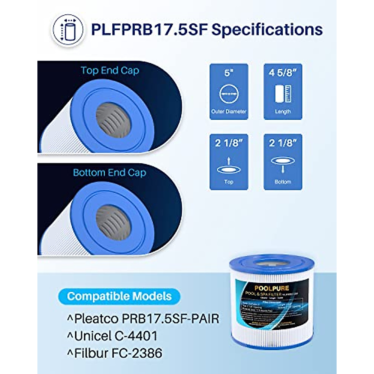 POOLPURE Replacement for Spa Filter PRB17.5SF-Pair, PRB17.5SF, Unicel C-4401, Filbur FC-2386, Aladdin 11802, 817-3510, 6000-134, R173432, 17-2606, Dynamic Series IV DSF 35 Hot Tub Filter