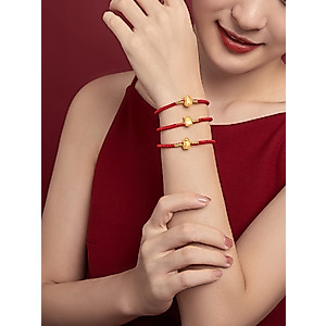 ZHOU LIU FU 24K Solid Gold Bracelets, Real Pure Gold Bracelet Chinese Zodiac Jewelry Adjustable Red Braided Bracelet Rabbit Dragon Dog Piggy with Blessing Idiom for Women Men Girlfriend
