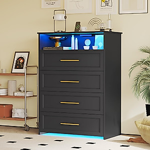 AOGLLATI Black Dresser for Bedroom with Charging Station, Chest of Drawer with Dual Led Light,4 Drawer Dresser, Modern Bedroom Led Wood Wide Dresser for Bedroom