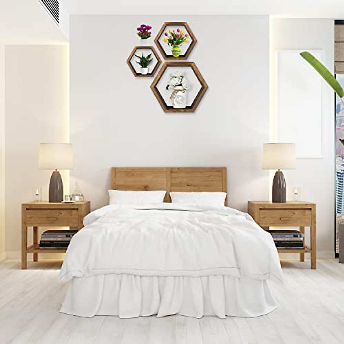 Wooden Hexagon Floating Shelves, Set of 3 Large Wall Mounted Shelf for Home, Room, Kitchen Or Office Decor, Geometric Hexagonal Rustic Farmhouse Natural Wood