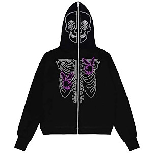 Pandolah Skeleton Hoodie Unisex Halloween Costumes Skull Gothic Zip up Y2K Fashion Jacket for Men Women(L,Purple)