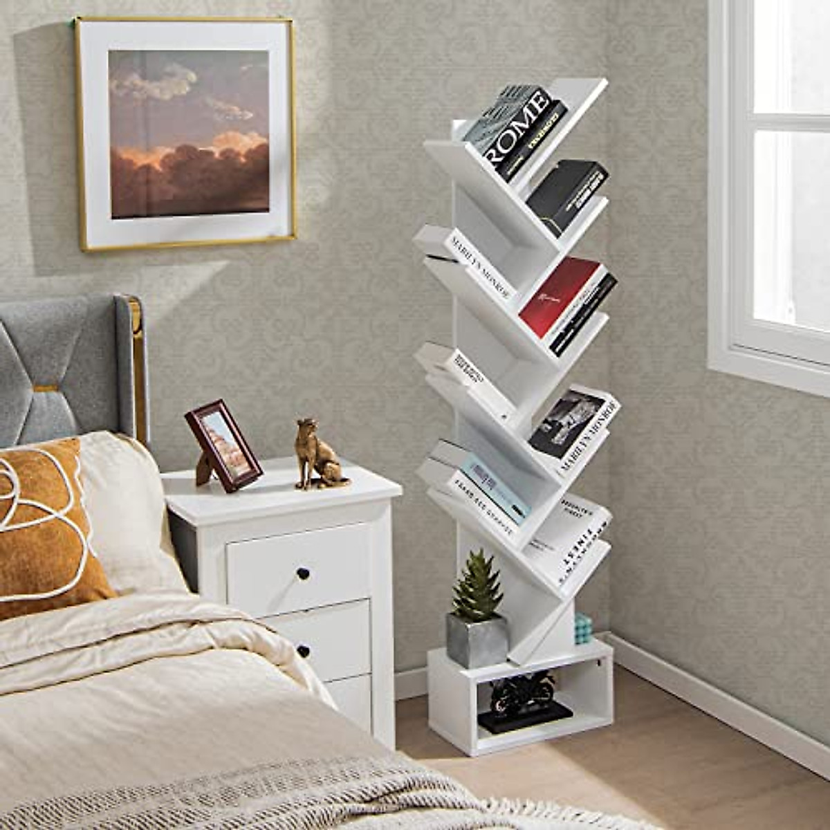 Giantex Tree Bookshelf with Drawer, 10 Shelf Space Saving White Wooden Bookcase, Freestanding Retro Wood Storage Rack, Decorative Bookshelf with Storage