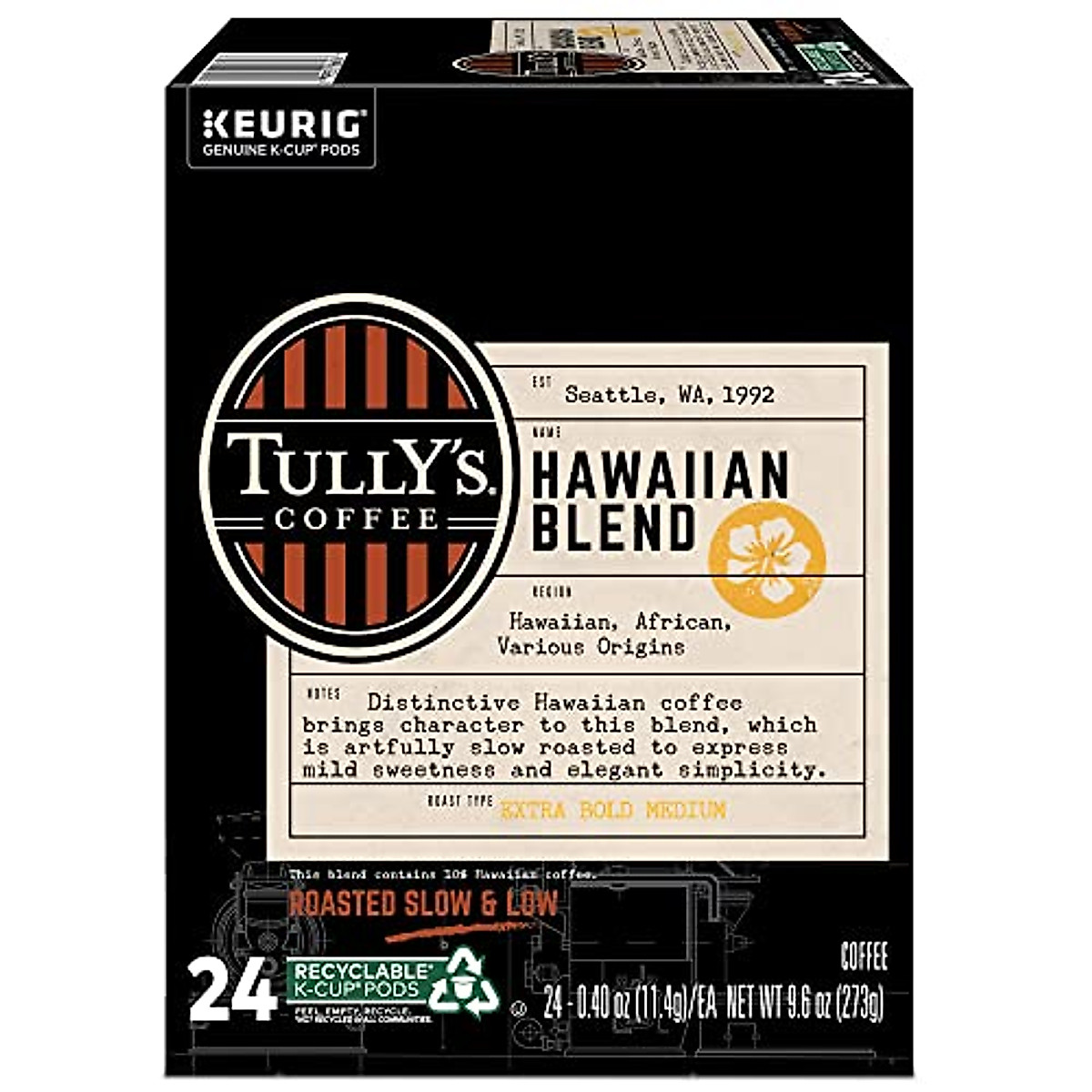 Tully's Coffee Hawaiian Blend Keurig Single-Serve K-Cup Pods, Medium Roast Coffee, 96 Count (4 Packs of 24)