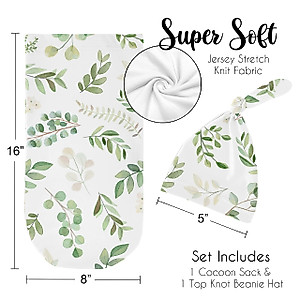 Sweet Jojo Designs Floral Leaf Baby Boy or Girl Cocoon and Beanie Hat 2pc Set Jersey Stretch Knit Sleeping Bag for Infant Newborn Nursery Sleep Wrap Sack - Green White Boho Botanical Woodland Garden