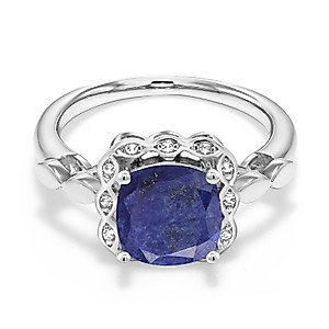 Gem Stone King 925 Sterling Silver 8MM Cushion Gemstone Birthstone and White Created Sapphire Engagement Ring | Wedding Engagement Anniversary Promise Ring For Women