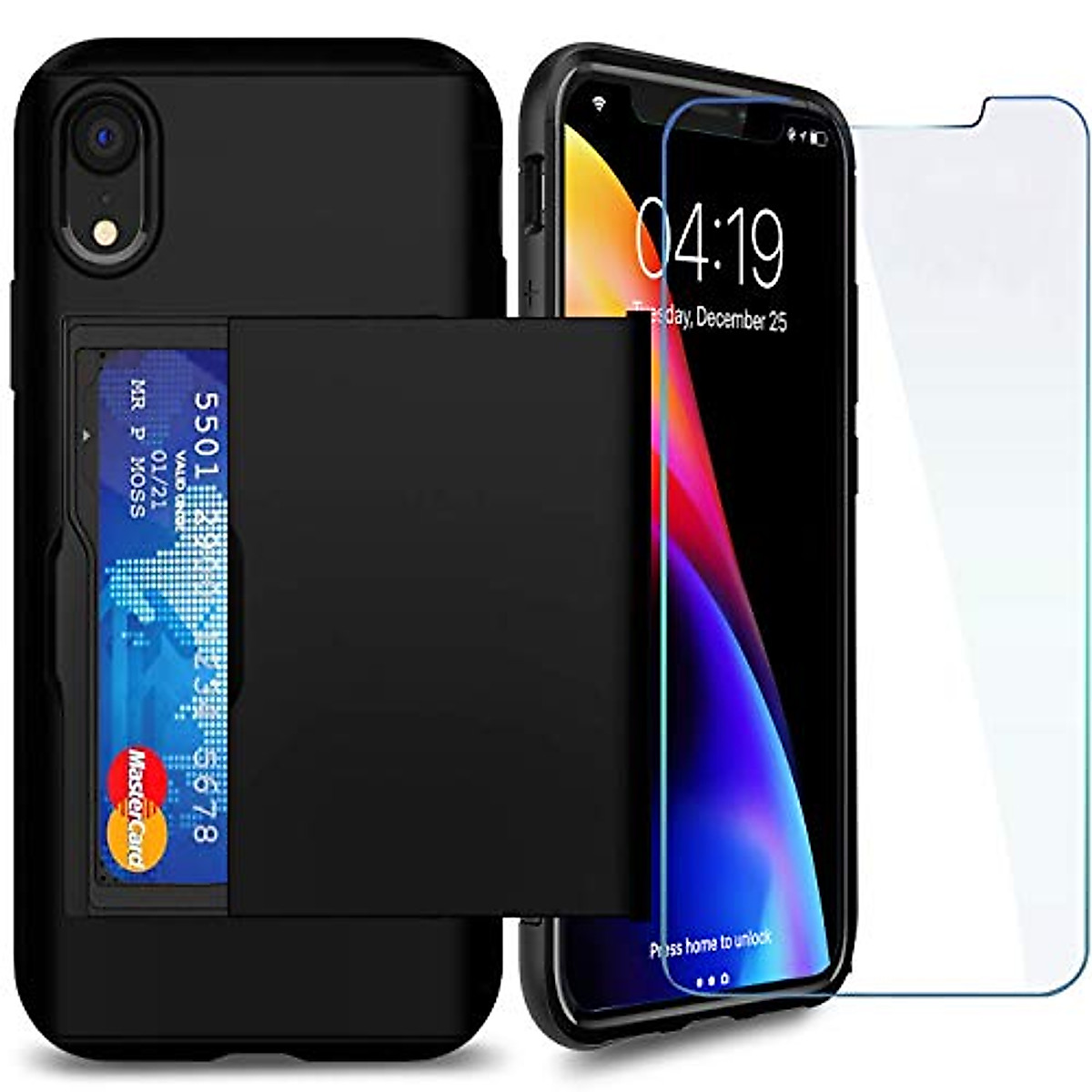 SUPBEC iPhone XR Case with Card Holder and[ Screen Protector Tempered Glass x2Pack] i Phone xr Wallet Case Cover with Shockproof Silicone TPU + Anti-Scratch Hard PC - Full Protective (Black)