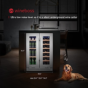 WINEBOSS 24 Inch Wine and Beverage Refrigerator, 20 Bottle & 88 Cans Dual Zone Beverage Fridge, Built-in Cabinet Wine Cooler, Freestanding Drink Chiller with Upgraded Compressor for Commercial Office