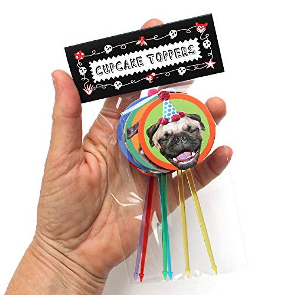 Pugs Cupcake Toppers, set of 6 different birthday dogs party decorations, printed both sides