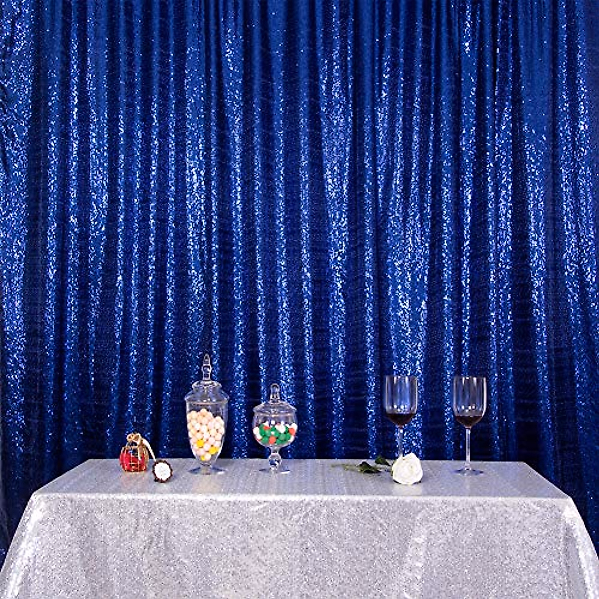 SquarePie Sequin Backdrop Opaque Non-Transparent Satin Photo Booth Photography Background Selfie Wall Video Live Sparkly Curtain for Wedding Patry 10FT x 10FT Navy Blue