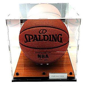 Full Size Basketball Square Shape Soccer Ball Acrylic Display Case Wood Box UV Protection 10x10x9 (Wood Platform)