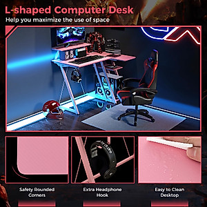 Tangkula L Shaped Gaming Desk with Power Outlets, Small Gaming Computer Desk 39inch with Storage Shelf, Corner Desk with Carbon Fiber Texture, Gamer Desk Gaming Table (Pink)