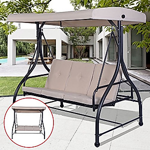 Tangkula Converting Outdoor Swing Patio Porch Garden Swing with Comfortable Cushion Seats, Adjustable Canopy & Coated Steel Frame Patio Swing 3 Seats Patio Deck Furniture (Beige)