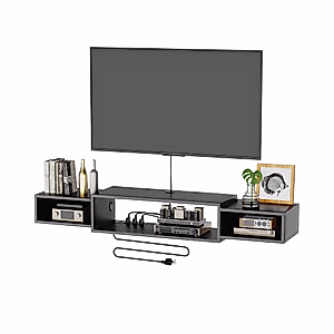 Vicodabo 55" Floating Wall TV Cabinet Stand with Power Outlet, Wall Mounted Wood Media Console, Modern Entertainment Center for Living Room,Bedroom (Black Color)