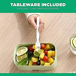 Double-Layer Bento Lunch Box For Adults with Bag | (40oz) Capacity Japanese Lunch Box | Spoon and Fork Set | Sauce Container with Lid | Leak-Proof | Microwave/Dishwasher Safe | Green