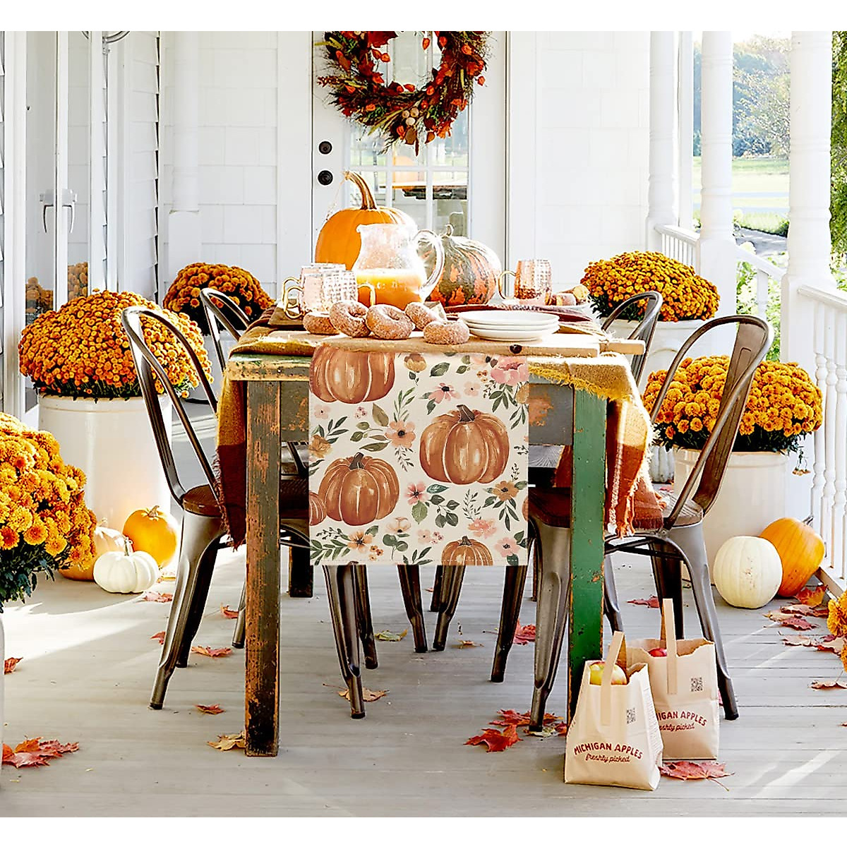 Sambosk Fall Pumpkin Table Runner, Autumn Thanksgiving Floral Table Runners for Kitchen Dining Coffee or Indoor and Outdoor Home Parties Decor 13 x 72 Inches SK095