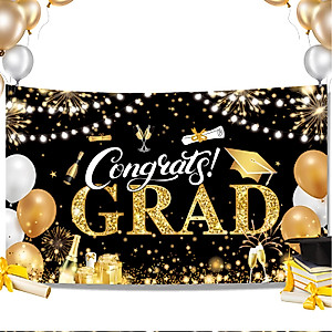Aaskuu Graduation Banner 2024 Black and Gold - 72.8x43.3 Inch, Congrats Grad Banner for Graduation Party Decorations, Large Congratulations Banner Class of 2024 Graduation Backdrop
