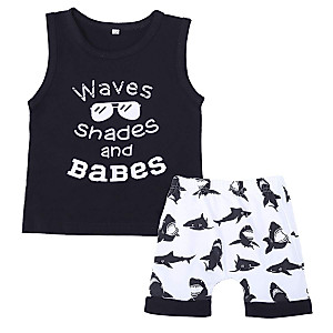 U·nikaka Toddler Baby Boy Cartoon Short Sleeve Button Down Shirt & Casual Shorts Kids Summer Outfits Clothes Set Black, 12-18 Months