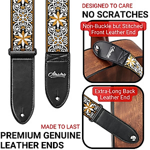AMUMU Hootenanny Embroidery Guitar Strap Yellow Cotton for Acoustic, Electric and Bass Guitars with Strap Blocks & Headstock Strap Tie - 2" Wide