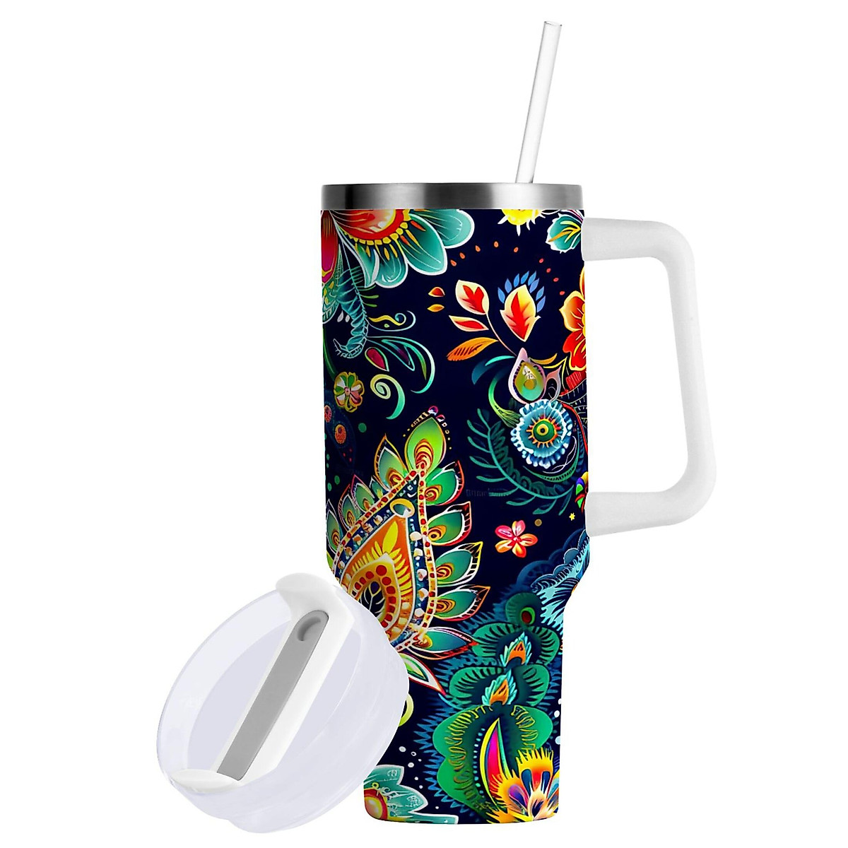 xigua 30 oz Paisley Flower Tumbler with Handle and Straw Lid, Stainless Steel Vacuum Insulated Sports Water Bottle, Keeps Cold or Hot Coffee Cup Travel Mug