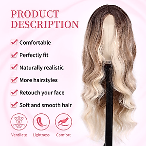 Sodfey Long Brown Mixed Blonde Wavy Wig for Women Middle Part Curly Wavy Wig Natural Looking Heat Resistant Fiber Synthetic Wig for Daily Party Use (26in, R2/6/26)
